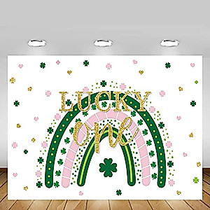 MEHOFOND 7x5ft Lucky One Rainbow Backdrop St. Patrick's Day 1st Birthday Party Banner for Girl Shamrock Green Clover Pink Gold Floral Background Party Supplies Photo Booth Props
