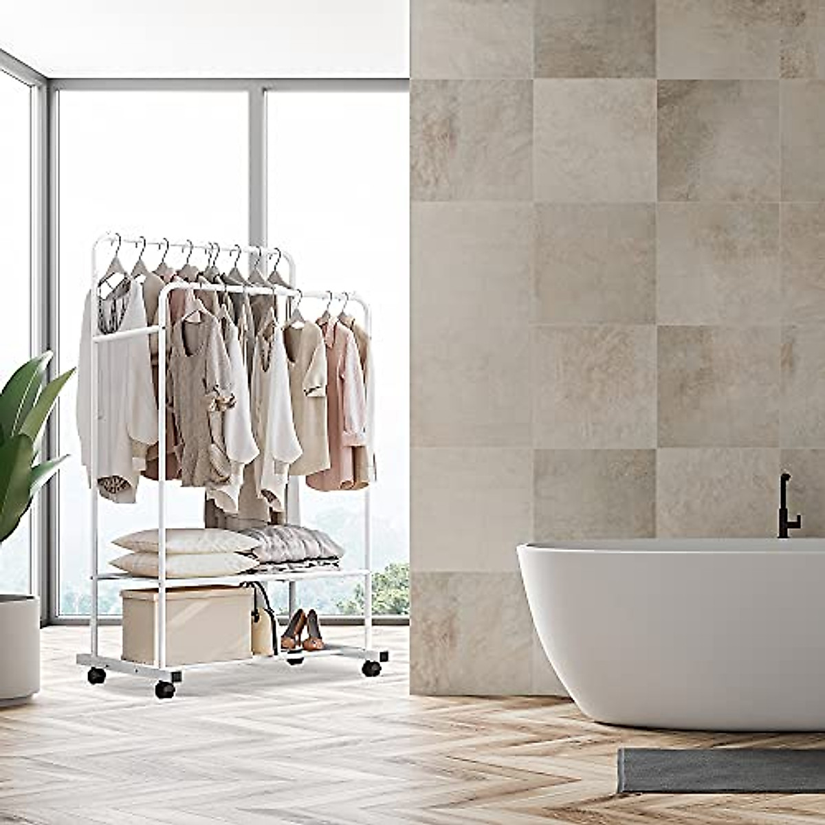 ZZBIQS 2-Tiers Rolling Garment Rack with Shelves, Clothing Rack on Wheels, Heavy Duty Coat Rack, Double Hanging Rails & Lockable Wheels, 31" L x 20" W x 53" H, Max Load 170LBS, White