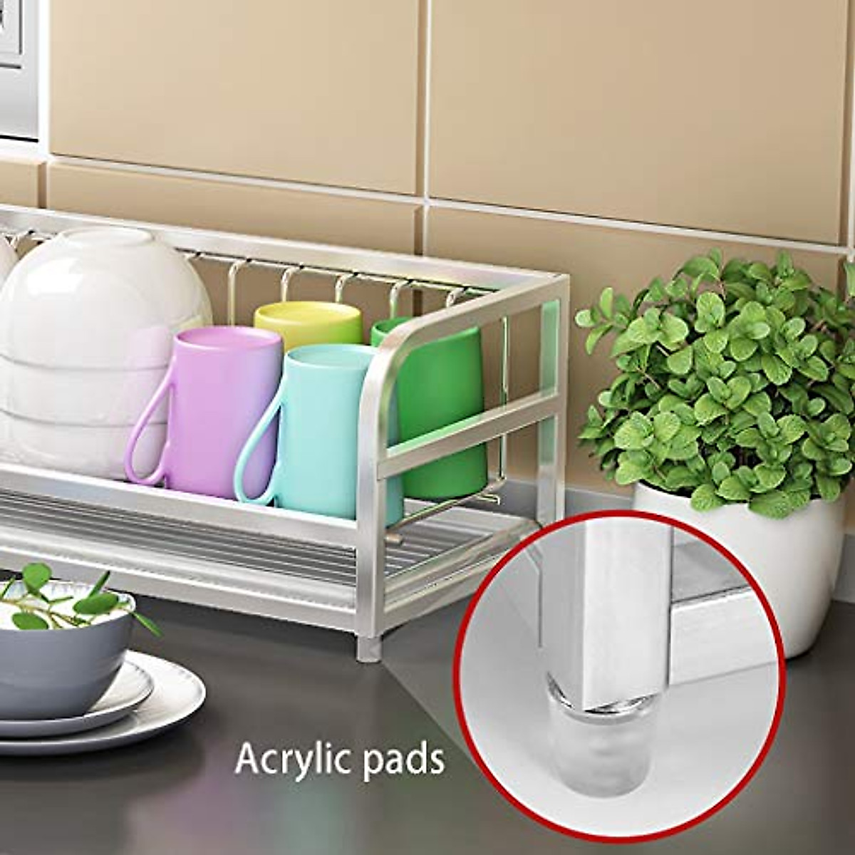 Dish Drying Rack, 304 Stainless Steel Dish Dryer Rack with Removable Drainer Tray Stand On Counter Top Sturdy, Durable and, 16.5" L x 7.9" W x 6.5" H Silver