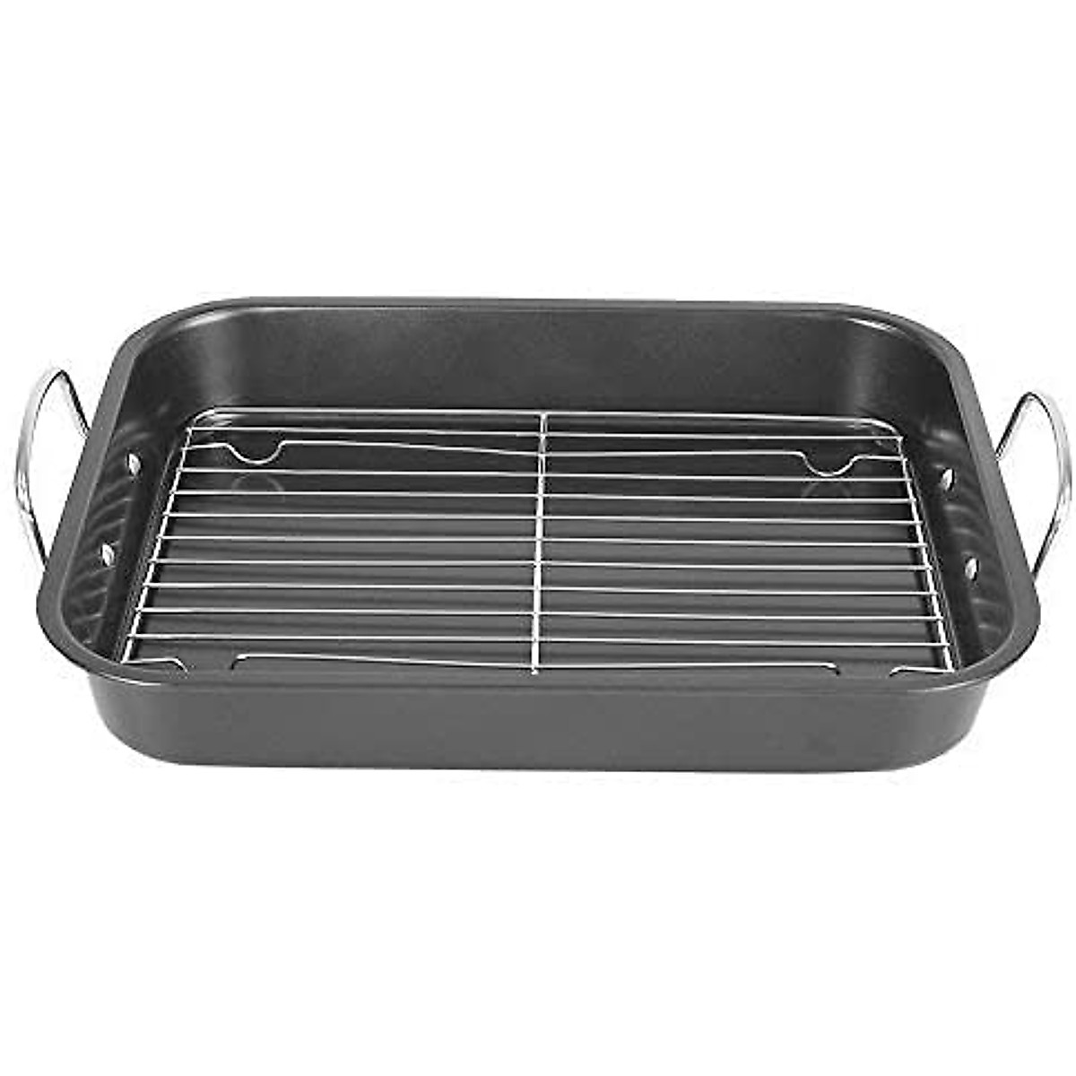 Deluxe Non Stick Roaster/Roasting Pan with Handles and Grill Rack, Excellent for Turkeys, Hams and Chickens 14.5" x 11.5", Black
