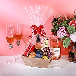 Canlierr 12 Pcs Gift Baskets Empty Includes 12 Pcs 10 x 7 x 3 Inches Kraft Market Tray Cardboard Basket with Handles, 18 Pcs Bags and 20 Pcs Multicolor Bows for Christmas Wedding Birthday Gift