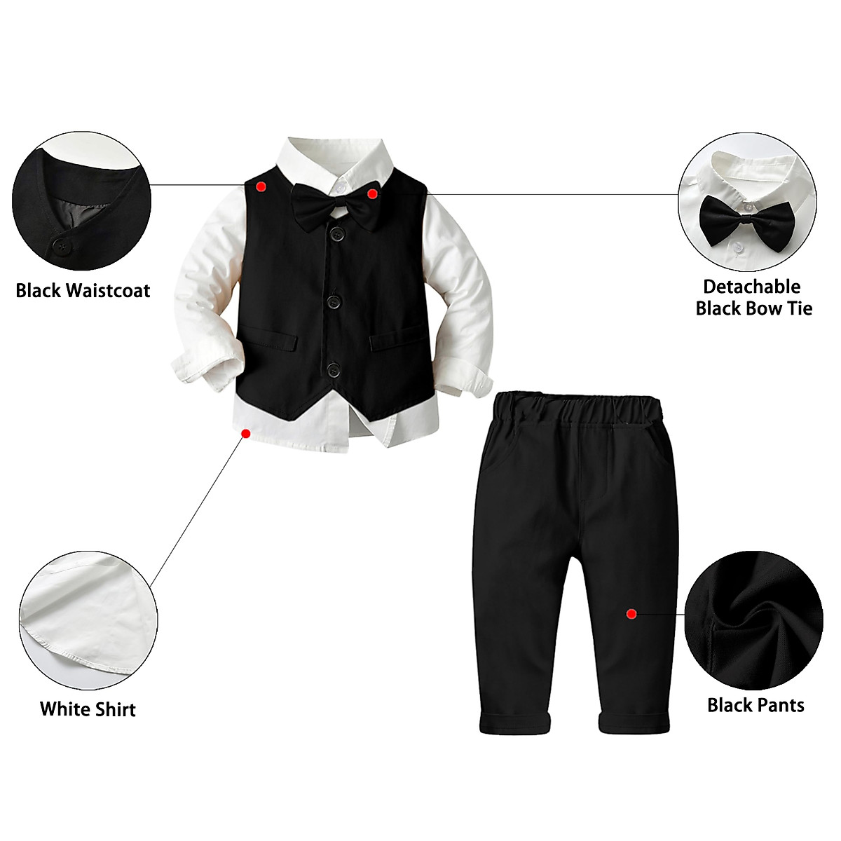 SANGTREE Baby Boy's Tuxedo Clothes, 3 Pieces Fall Winter Outfit, Long Sleeves Button Down Dress Shirt with Bow Tie + Vest + Pants Set Gentlemen Clothing, A - Black, 9-12 Months = Tag 70