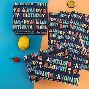BULKYTREE Birthday Wrapping Paper with Cut Lines for Boys Girls Kids Men Women Holiday Birthday Theme Party - 3 Large Sheets Colorful Cake Happy Birthday Gift Wrap - 27 Inch X 39.4 Inch Per