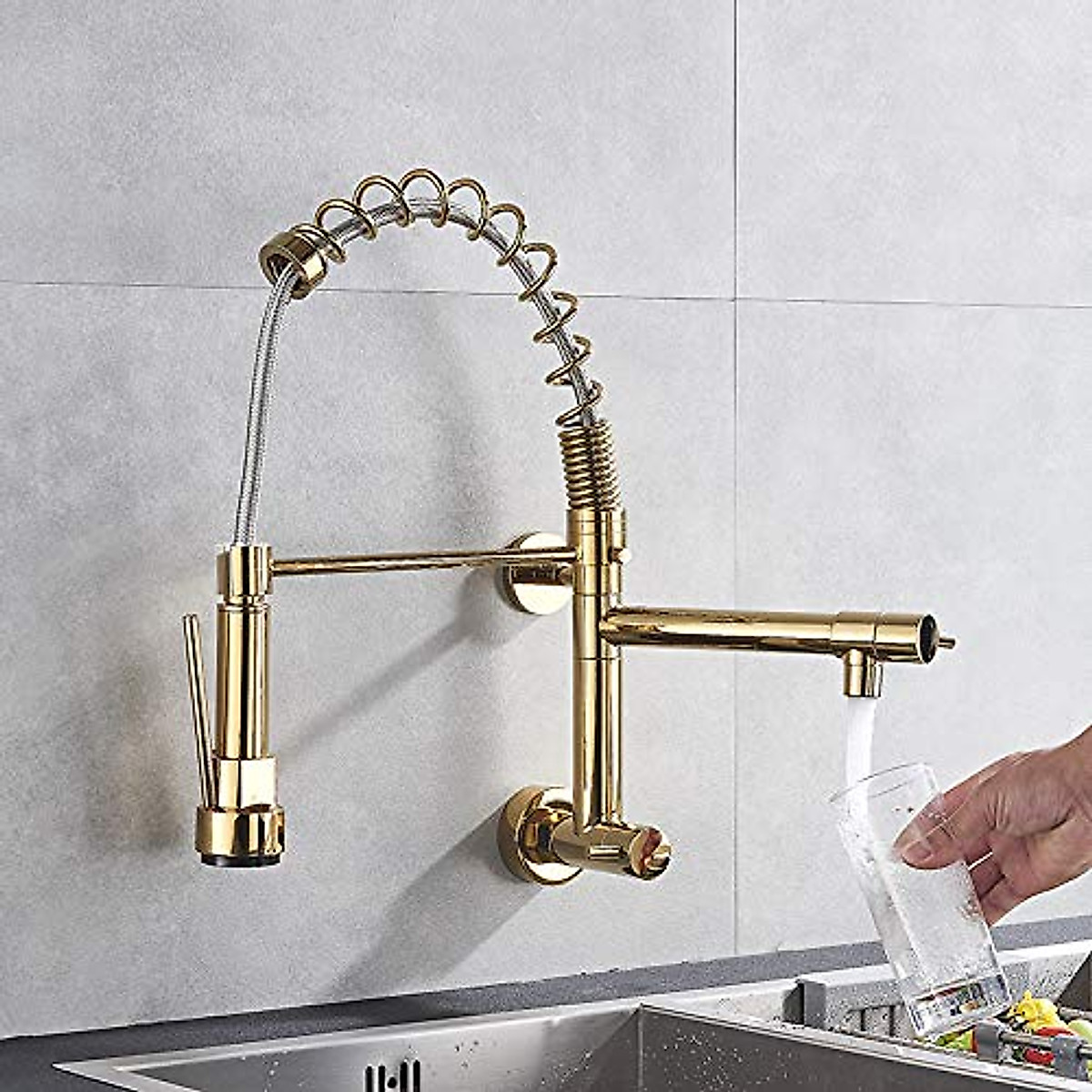Kitchen Sink Faucet for Bar Farmhouse Commercial, Black/Chrome Brass Kitchen Faucet, Vessel Sink Mixer Tap, Spring Dual Swivel Spouts Sink Mixer, Bathroom Faucets, Wall Mounted Tap (Color : Brushed N