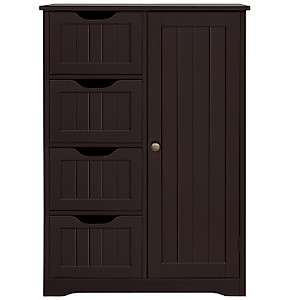 Yaheetech Wooden Bathroom Floor Cabinet, Side Storage Organizer Cabinet with 4 Drawers and 1 Cupboard, Freestanding Entryway Storage Unit Console Table, Home Decor Furniture, Brown