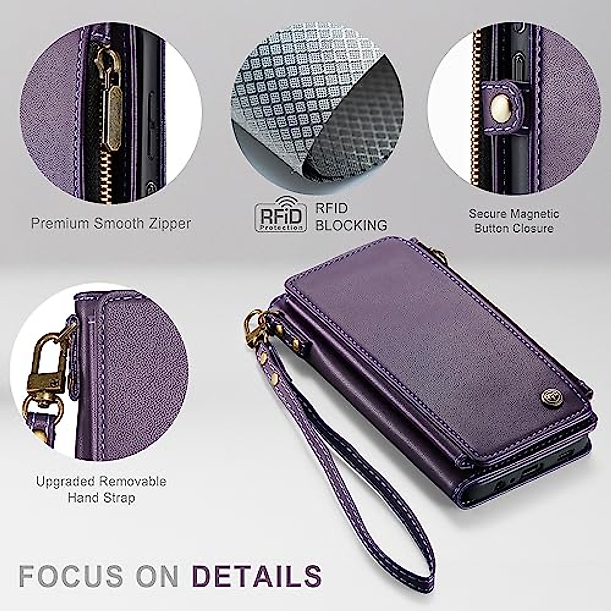 Defencase for Moto G 5G Case 2023, RFID Blocking Motorola Moto G 5G 2023 Case Wallet for Women and Men, Fashion PU Leather Flip Wrist Strap Zipper Card Holder Phone Case for Moto G 5G 2023, Purple