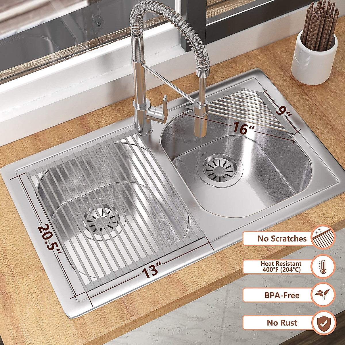 TPMXEMR Roll Up Dish Drying Rack, Over The Sink Dish Drying Rack Heat-Resistant Anti-Slip, 20.5" L x 13.1" W Heavy Duty Silicone Wrapped Steel Rods Dish Drying Rack for Kitchen Counter