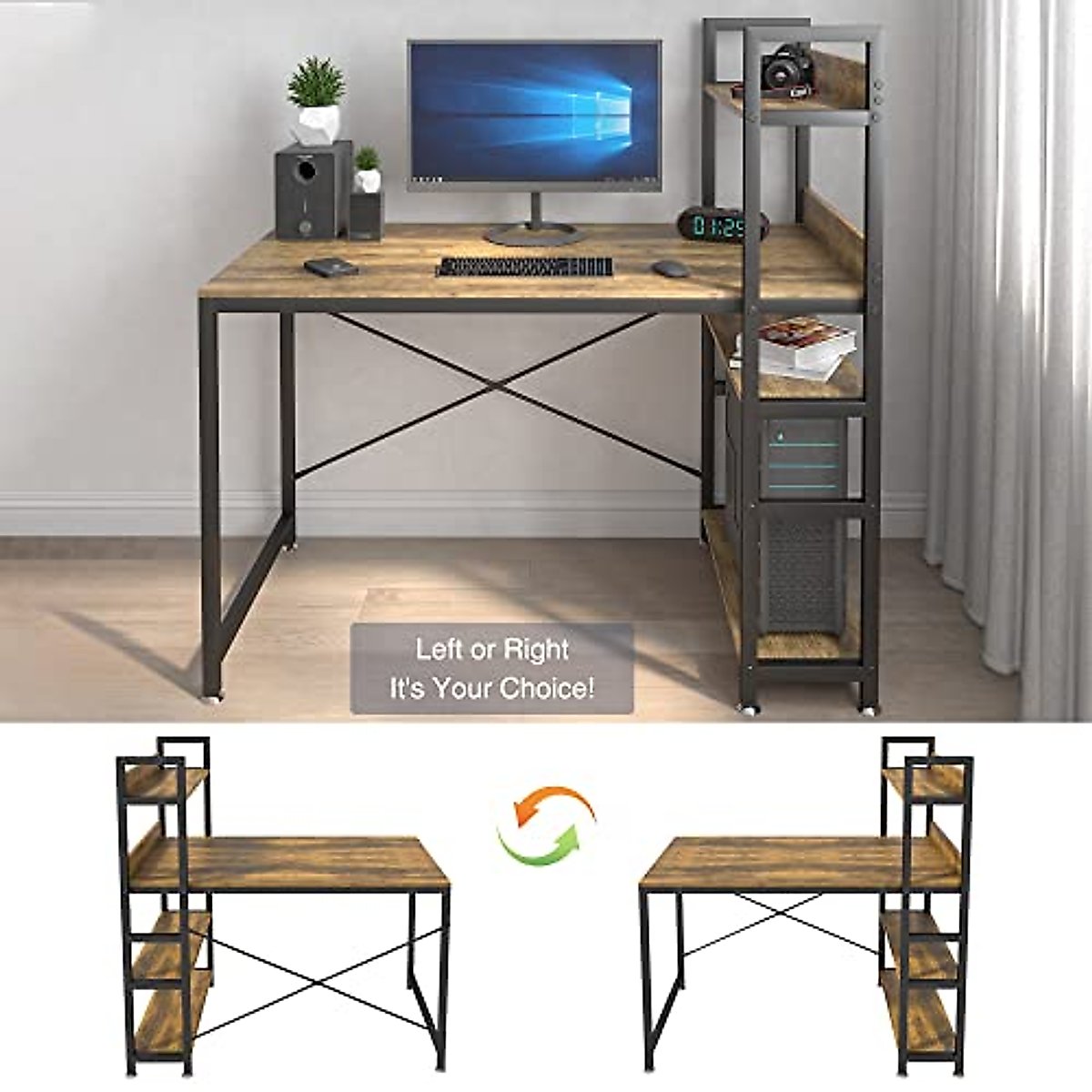 JSungo Computer Desk with 4 Tiers Shelves, 47 Inch Sturdy Table with Reversible Bookshelf for Home Office, Study Tower Desk for Small Space, Industrial Modern Style, Rustic Brown