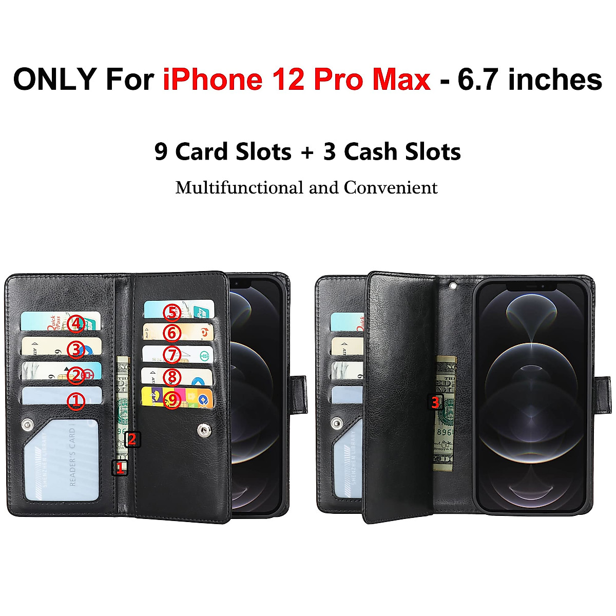 Varikke for iPhone 12 Pro Max Case Wallet, Detachable Magnetic Flip Fits iPhone 12 Pro Max Wallet Case for Women Men with Card Holder & Kickstand & Wrist Strap Glitter PU Leather Cover 6.7", Black