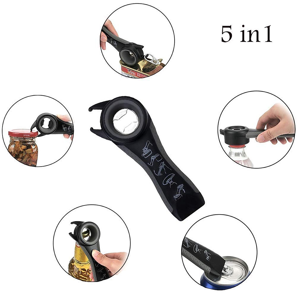 Multi Jar Bottle Opener,All in One Bottle Opener,5-in-1 and 6-in-1 Multi Opener Kitchen Tools Set,Can Jar Opener Kit with Ergonomic Anti Slip Grip Handle,Safe and Efficient Opening (Style 1)