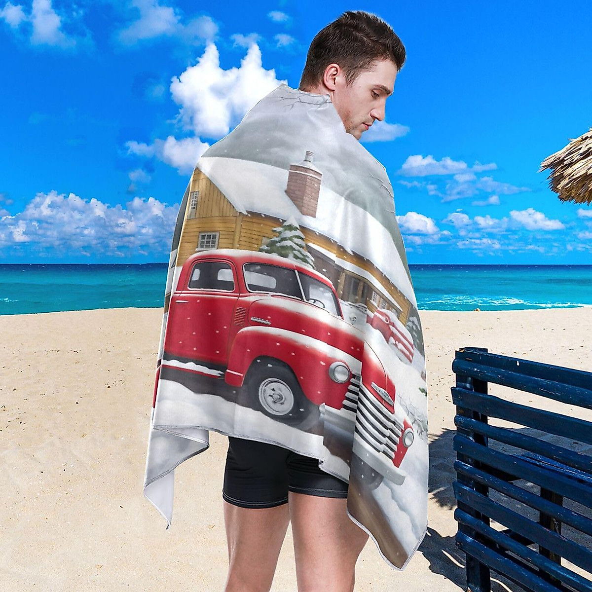 Christmas House Truck Beach Towel Sand Free Beach Blanket Pool Towels Quick Dry Towel Beach Towels Oversized Travel Towel for Women Men Gym Sports Swimming Camping Beach Essentials M