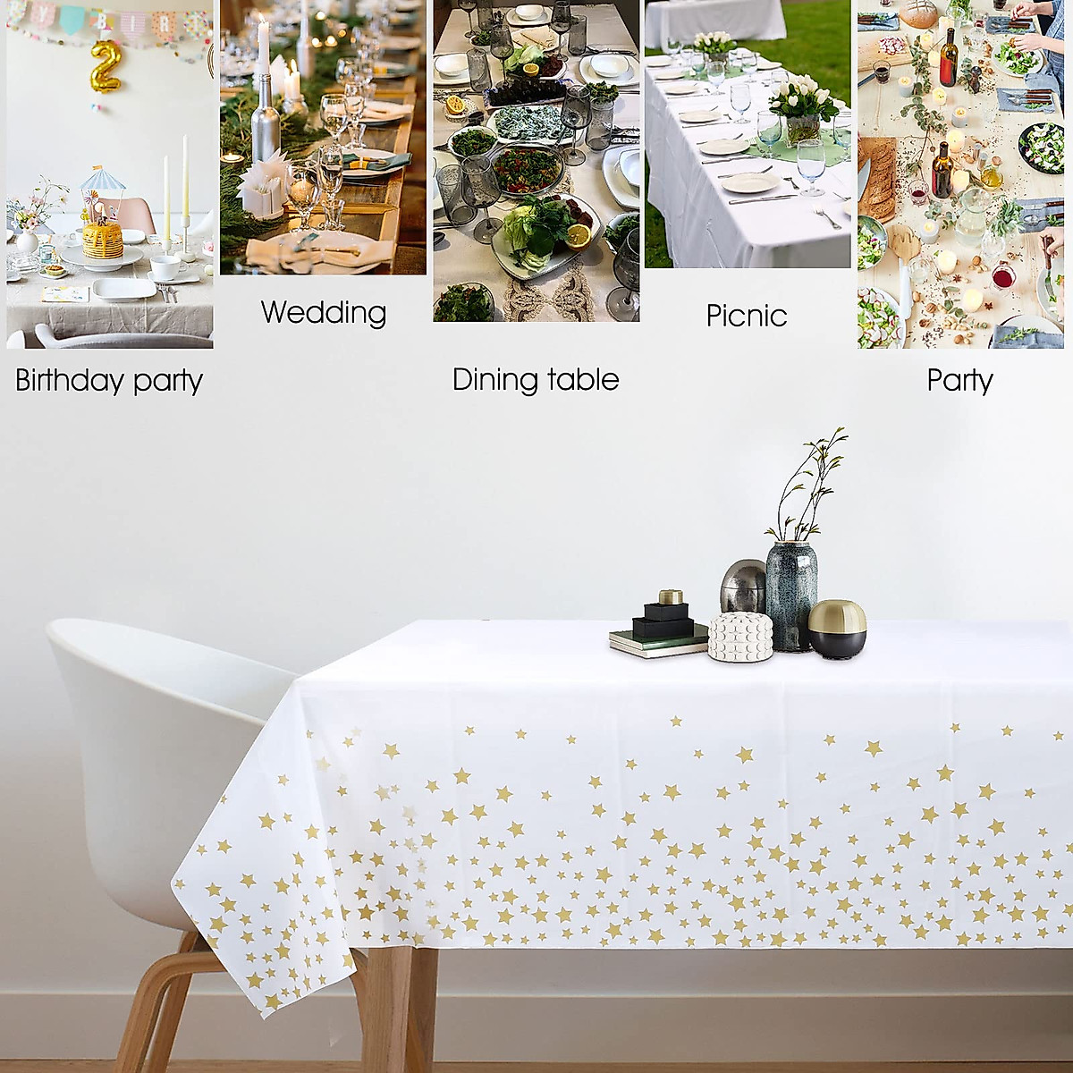 LCPCX 3-Piece Disposable Plastic Rectangle Tablecloth,Fitted Table Clothes for 6 Foot and 8 Foot Tables,Gold Star Pattern Party Decorations,54x108 Inch,White (Golden Star)