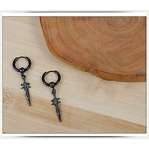 Sword Drop Dangle Small Hoop Earrings for Women Men Stainless Steel Engrave Animal Cross Dagger Halloween Statement Charms Drop Dangling Hoops Cuff Cartilage Wrap Vintage Punk Pray Jewelry (Black)