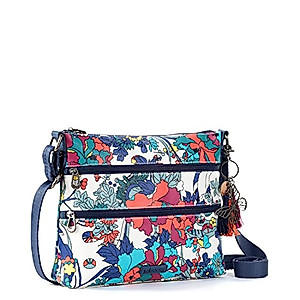 Sakroots Basic Crossbody Bag in Coated Canvas, Multifunctional Purse with Adjustable Strap & Zipper Pockets, Lake Flower Power