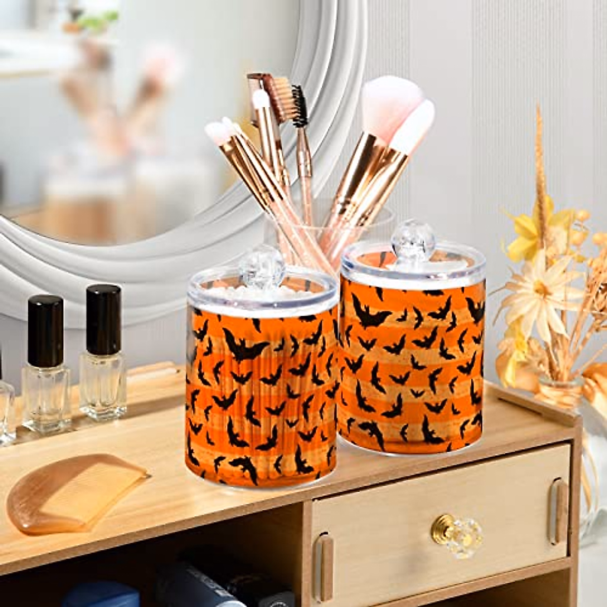 Vnurnrn Clear Plastic Jar Set for Cotton Ball, Cotton Swab, Cotton Round Pads, Floss, Halloween with Flying Bats Bathroom Canisters Storage Organizer, Vanity Makeup Organizer,2Pack