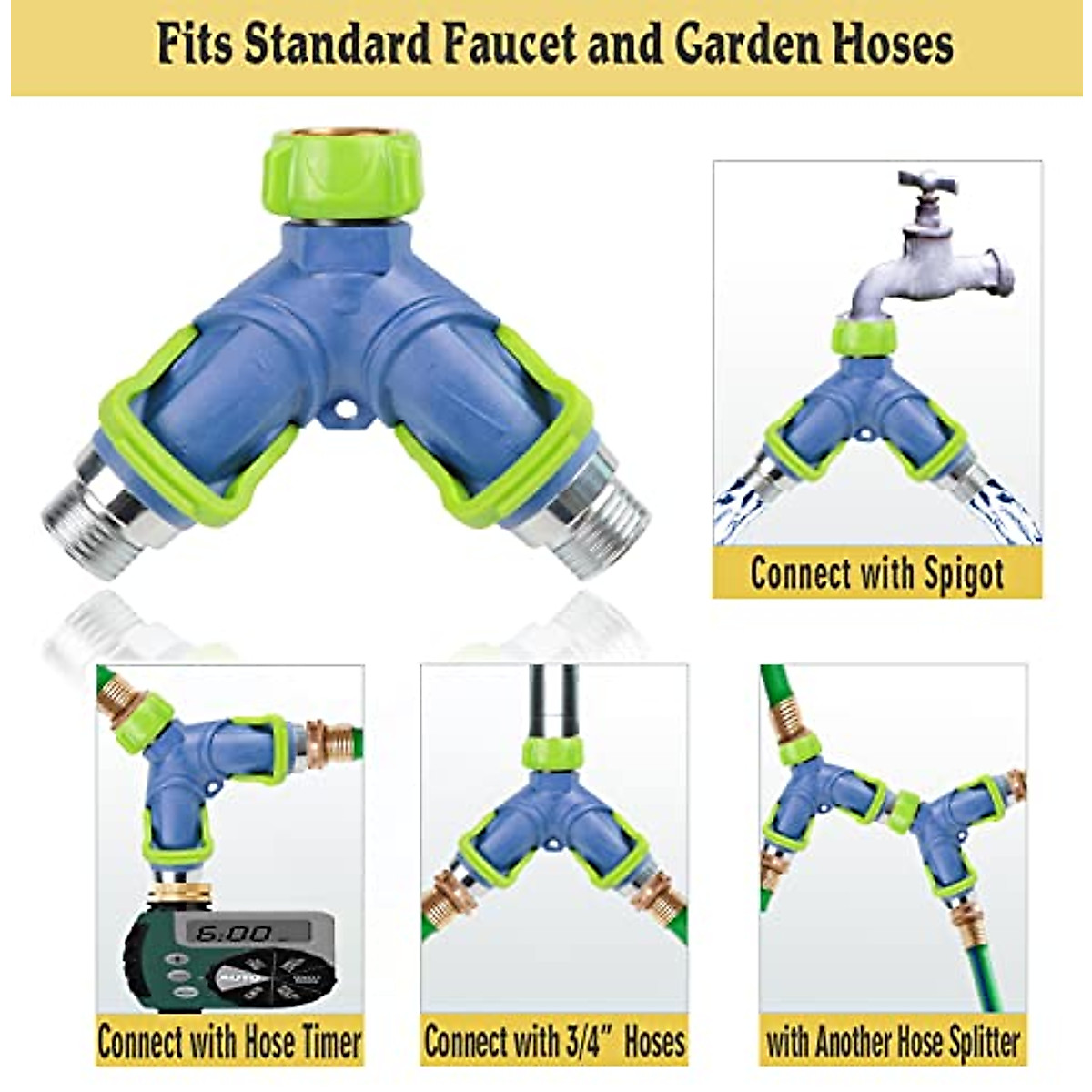 Garden Hose Splitter 2 Way, Heavy Duty Y Hose Splitter with Thumb Control Valves, 3/4" Metal Two Way Faucet Splitter Shut Off Valve Hose Connector Adapter with 2 Rubber Washers