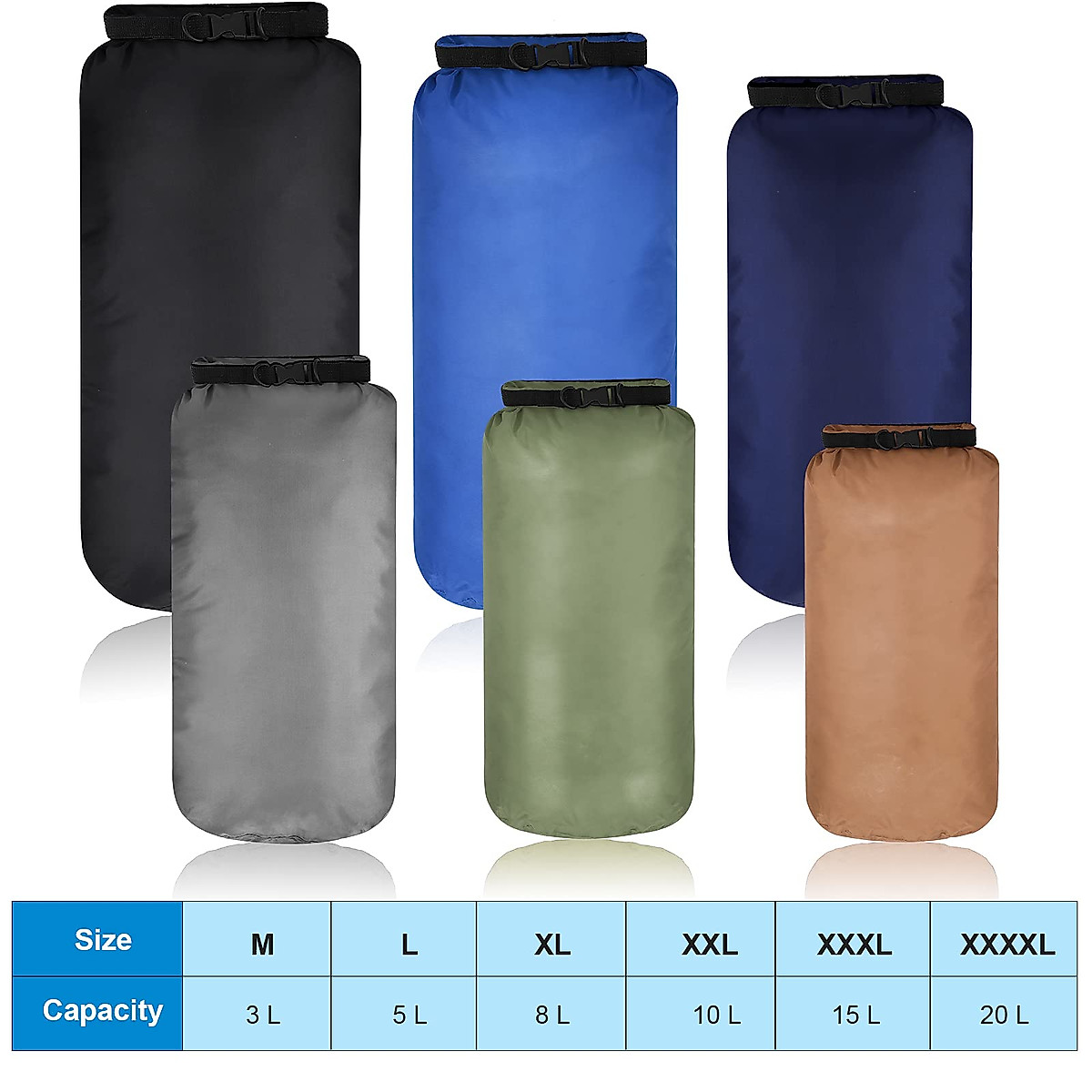 6 Stück Wasserdichte Trockenbeutel Set Trockensack Leicht Luftdicht Packsack Set 20 L 15 L 10 L 8 L 5 L 3 L Trockentasche und Lang Verstellbar Schultergurt für Kajakfahren (Dunkle Farbe)
