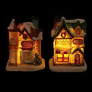 SAFIGLE Christmas Village Sets, LED Lighted Christmas Village Houses Figurines for Christmas Tree Decorations, Vintage Christmas Village Collection for Christmas Holiday Home Decorations