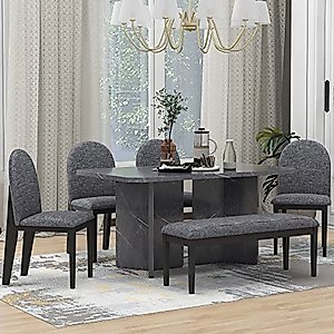 YuiHome Piece, Modern Style Kitchen Faux Marble Table and 4 Upholstered Chairs & 1 Bench, Dining Room Set for 6 Persons,Gray