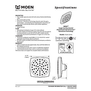 Moen Voss Brushed Nickel 6-Inch Single-Function Rainshower Showerhead with Immersion Technology, S6365BN