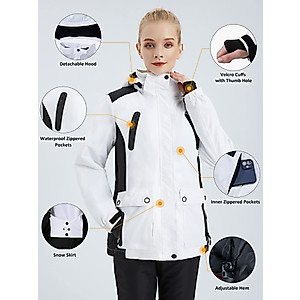 FREE SOLDIER Women's Waterproof Ski Jacket Fleece Lined Warm Winter Snow Coat with Hood Fully Taped Seams(White Black,L)