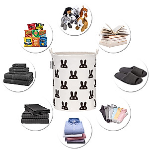 Sea Team 19.7" Large Sized Waterproof Coating Ramie Cotton Fabric Folding Laundry Hamper Bucket Cylindric Burlap Canvas Storage Basket with Cute Bunny Design (Black)