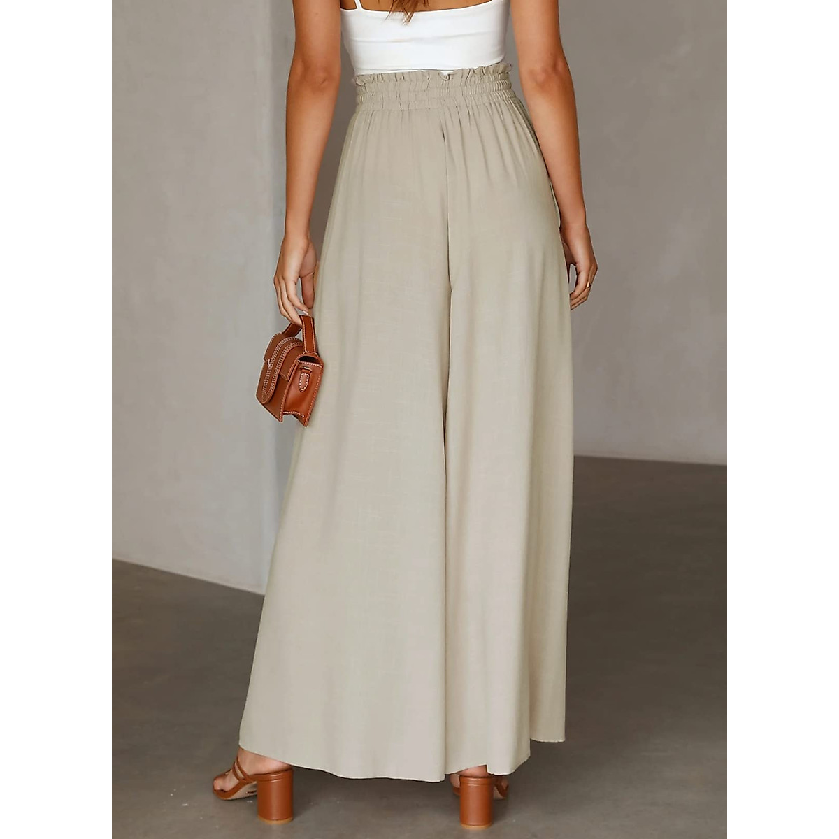 Dokotoo Women Beach Fashion High Waist Drawstring Wide Leg Long Pants with Pockets Casual Loose Breathable Lounge Yoga Trousers Ladies Beach Vacation Clothes for Women Beige XL