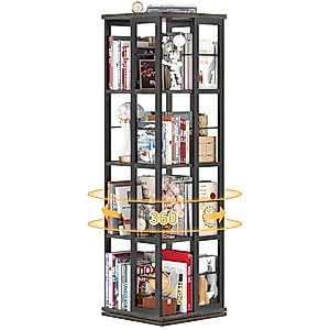 Aheaplus Rotating Bookshelf, Corner Bookshelf, 360 Display Wood Spinning Bookshelf, Floor Standing Bookcase Narrow Shelf Revolving Organizer Storage Rack for Small Space, Bedroom, Study Room, Grey Oak