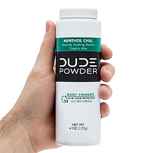 DUDE Body Powder - Menthol Chill 4 Ounce Bottle Natural Deodorizers Cooling Menthol & Aloe, Talc Free Formula, Corn-Starch Based Daily Post-Shower Deodorizing Powder for Men, Cooling Menthol