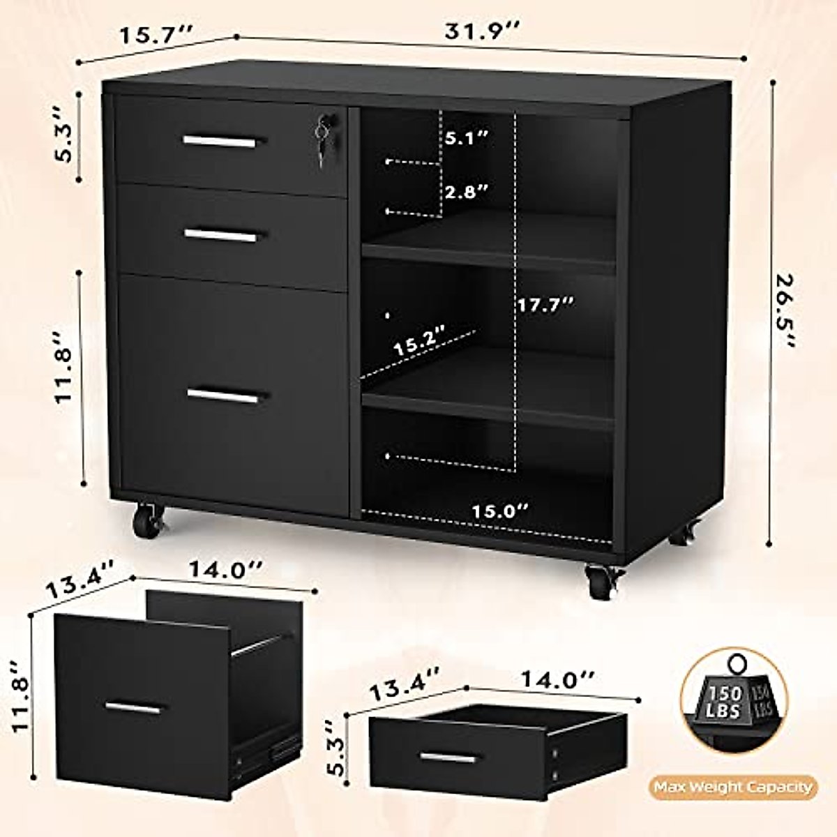 Shahoo 3 Drawer Filing Cabinet, Mobile Lateral Printer Adjustable Open Storage Shelf, Lockable Wheels for Home Office, Dark Black