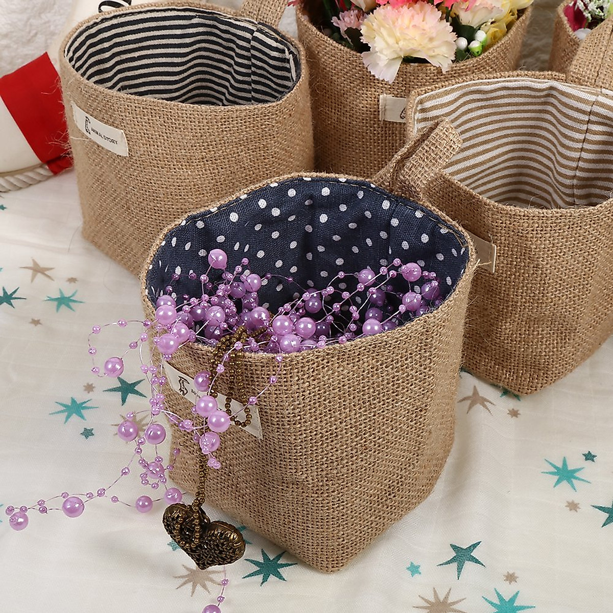 Cotton Linen Hamper Hanging Clothes Bag Home Gadget Storage Organizer Foldable Basket Bin (Blue Stripe)