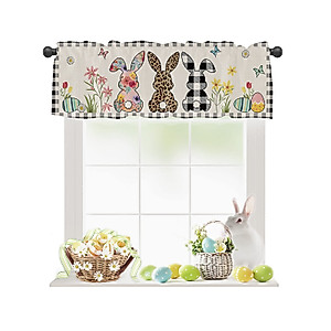 Valance Curtain for Kitchen Windows Happy Easter Fashion Leopard Gorgeous Flower Plaid Bunny Dream Garden Elegant Bathroom Window Curtain Valance Rod Pocket for Bedroom Living Room, 1 Panel