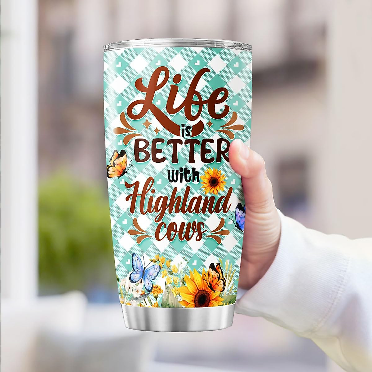 JENOIS Simply Flower Water Modern Handle Checkered Simple Sunflower Floral Cups, Highland Cow Gifts, Tumbler 20 Oz With Lid And Straw, Life Is Better Highland Cow