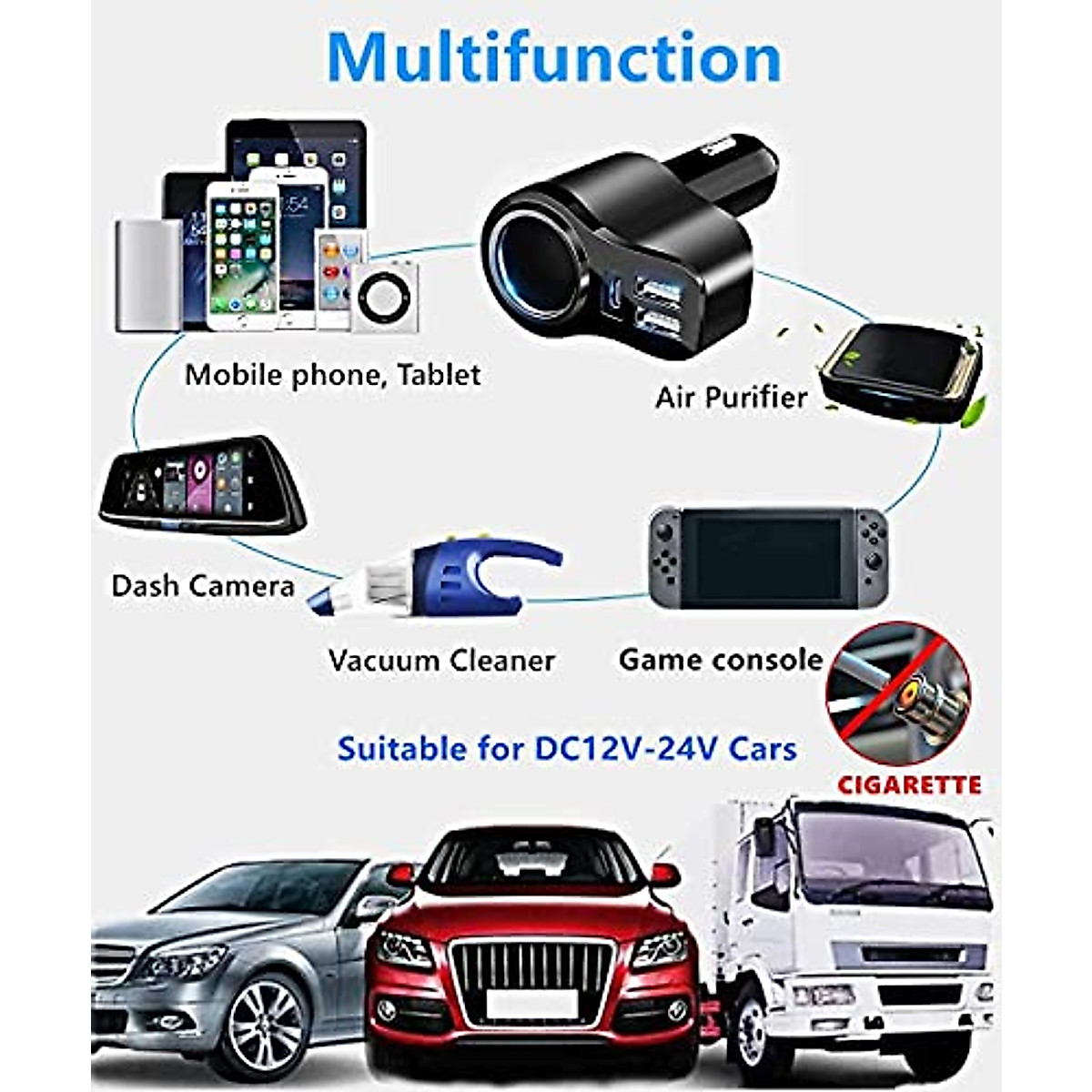 4 in 1 USB C Car Charger, 48W Multi USB Cigarette Lighter Adapter, Socket Splitter with 3 USB Ports, 12V/24V Dual USB Type C PD Fast Car Charger Adapter for iPhone 14/13/12/11,iPad,Samsung,LG,GPS