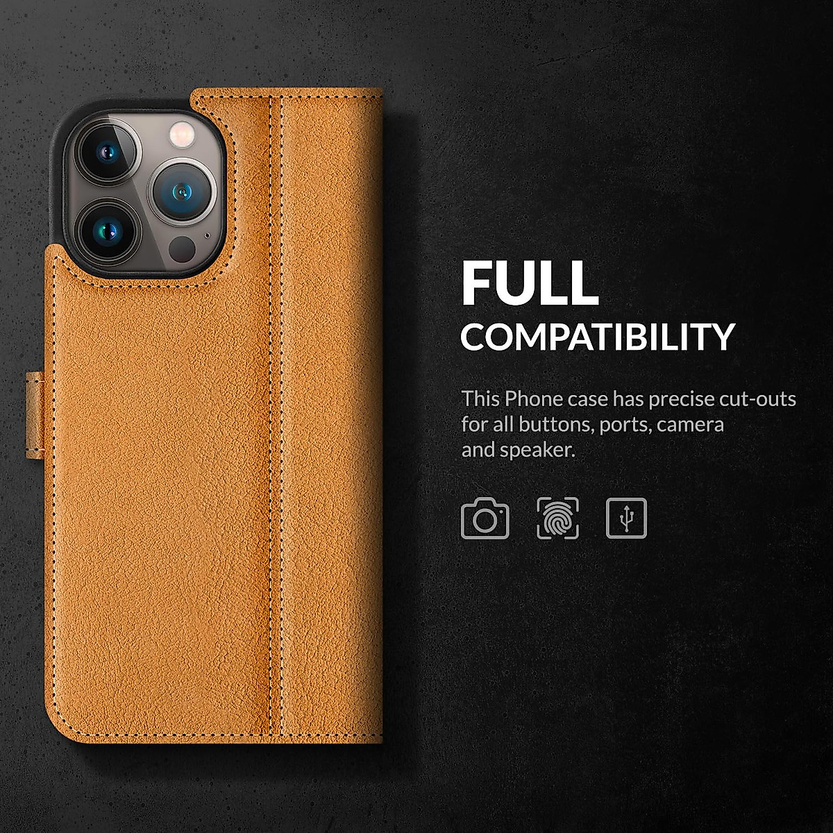 SURAZO Mobile Phone Case for Apple iPhone 15 Pro Leather - Foldable Genuine Leather Protective Case [Magnet, Card Slot, RFID Protection, Stand Function] Flip Flip Case Cover Leather Case (Camel)