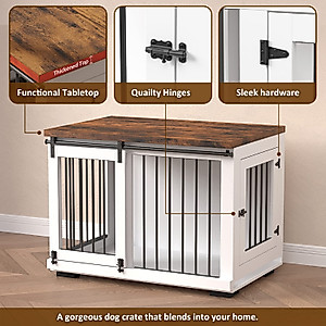 Zakkart Dog Crate Furniture for Large Dogs Up to 60 lbs. - Barn Door Puppy Kennel w/Thickened Farmhouse Top & Metal Bars - 37'' Wide - White Decorative Modern Dog Crate Table, End Table, Nightstand