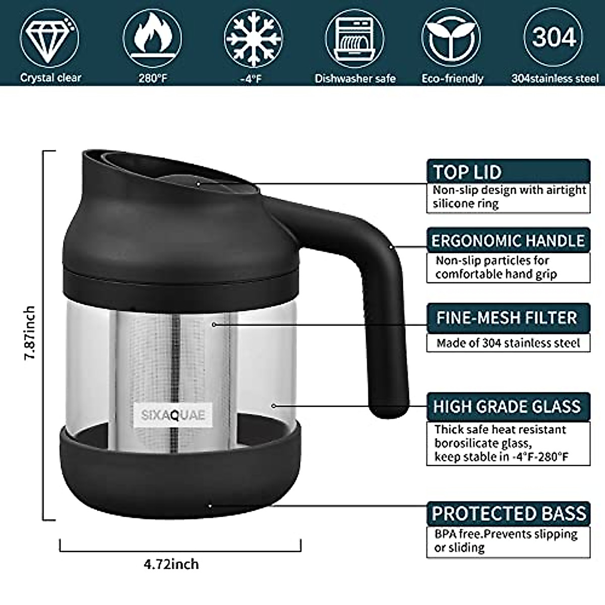 SIXAQUAE Cold Brew Coffee Maker Stainless Steel Strainer Large,Durable Iced Coffee Maker Cold Brew Pitcher,Dishwasher Safe 38 Oz Iced Tea Maker