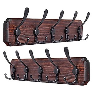 Coat Rack Wall Mount - 5 Double Metal Coat Rack Hooks Set of 2, Wall Mounted Coat Rack Heavy Duty Set 2, Rustic Wooden, Coat Hat Key for Entryway, Closet Room, Bathroom, Bedroom (Brown)