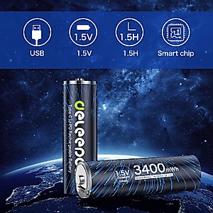 Deleepow Rechargeable AA Batteries Lithium USB 1.5V 3400mWh Lithium AA Batteries with USB-C Cable 1500 Cycles 4-Pack