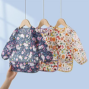 Hafftnun 5pcs Set Long Sleeve Waterproof Bib Full Coverage Apron Bib Smock Toddler Bibs with Pocket 6-30 Months