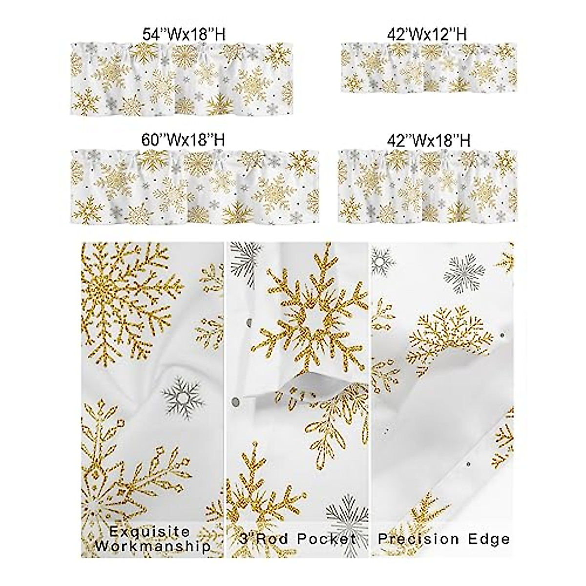 Winter Snowflake Kitchen Curtain Valance for Window Gold Grey Geometric on White 60x18In Rod Pocket Valances Short Curtains Window Treatment for Living Room Bathroom Bedroom Cafe Decor Wave Point
