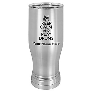 LaserGram 14oz Vacuum Insulated Pilsner Mug, Keep Calm and Play Drums, Personalized Engraving Included (Stainless Steel)