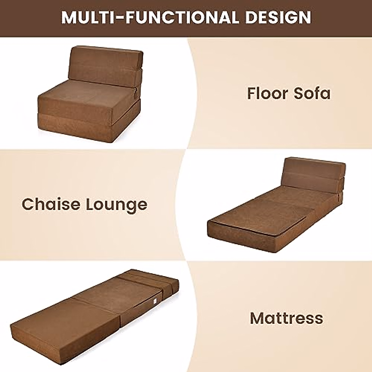 RELAX4LIFE Folding Sofa Bed Chair - 3-in-1 Convertible Couch Sleeper, Floor Futon Couch w/Removable Cover & Full Padded Foam, Fabric Guest Sleeper Chair for Living Room, Study, Apartment (Brown)