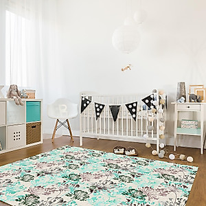 2' x 3' Area Rug, Teal Brown Flowers Non-Skid Rubber Backing Large Rectangle Rugs - Living Room Bedroom Home Office Spring Floral Botanical Rustic Indoor Floor Mat Carpets