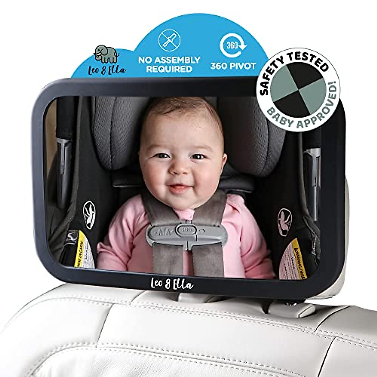 Leo and Ella Baby Car Mirror Safety First, Certified Crash Tested for Rear Facing Baby Car Seat Shatterproof Mirror with Adjustable Safety Mount Crystal Clear View of Newborn, Premium