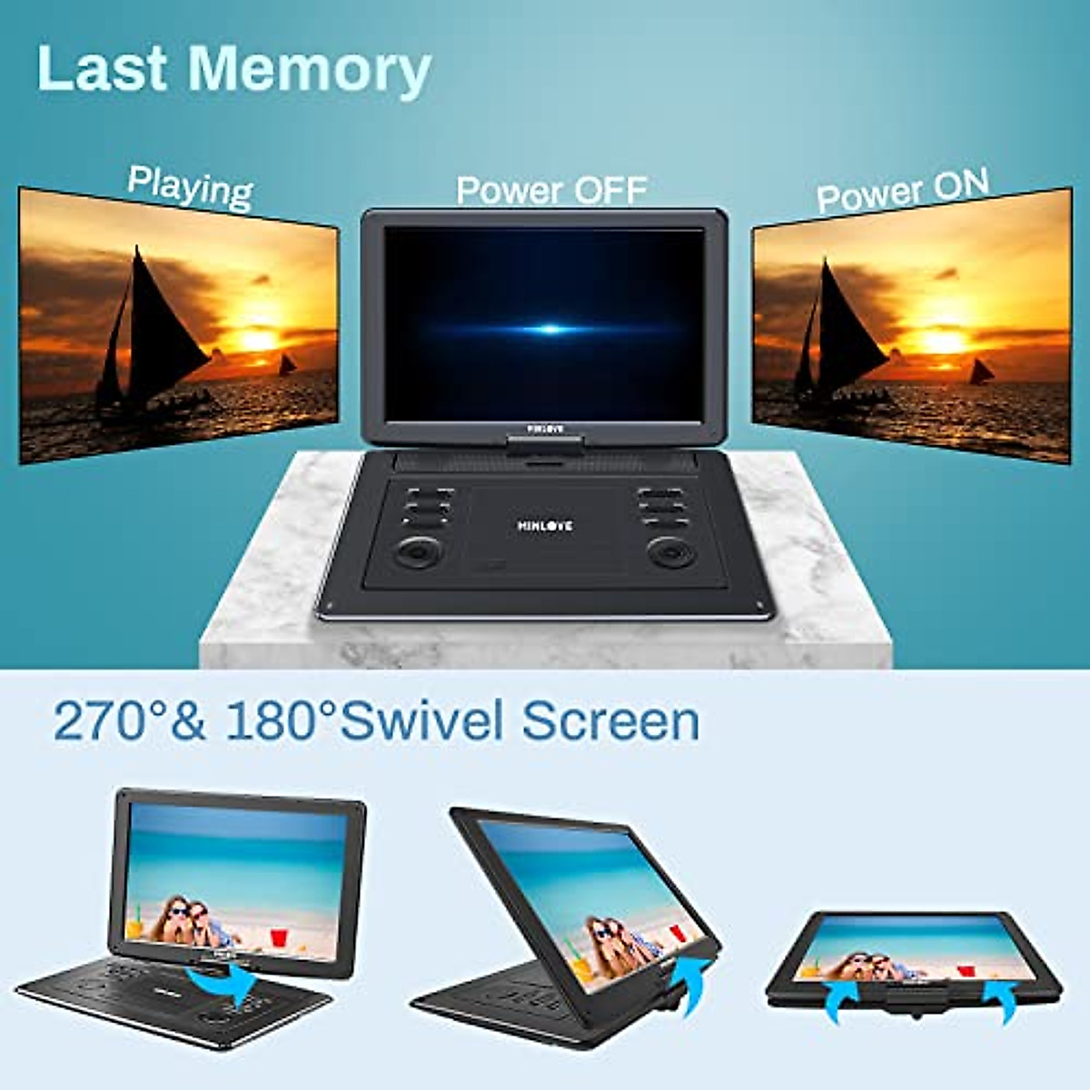 MINLOVE 17.9" Portable DVD Players, DVD Player for Car with 15.6" Large HD Screen/6 Hrs Rechargeable Battery/Car Charger, Region Free, Support AV in&Out/CD/DVD/SD Card/USB, Black