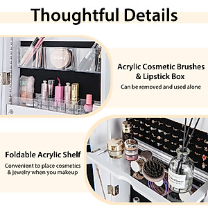 CHARMAID LED Strip Jewelry Armoire with 47.2" H Full Length Mirror, Lockable Jewelry Cabinet Organizer with 3-Color Lights, 3 Brush Boxes, 2 Drawers, Bottom Storage Shelf, Metal Frame (White)