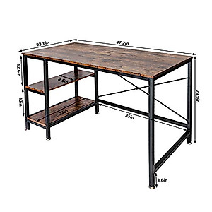 Industrial Style Tower Computer Desk with 3 Tier Shelves - 47.2'' Multi Level Writing Study Table with Bookshelves Modern Steel Frame Wood Desk Compact Home Office Workstation (Brown)