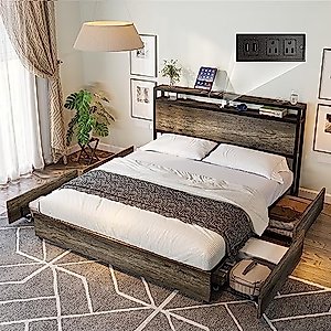 LUXOAK King Size Bed Frame with 4 Storage Drawers, Wooden Platform Bed with 2-Tier Storage Headboard and Charging Station, No Box Spring Needed/Noise Free/Rustic Grey