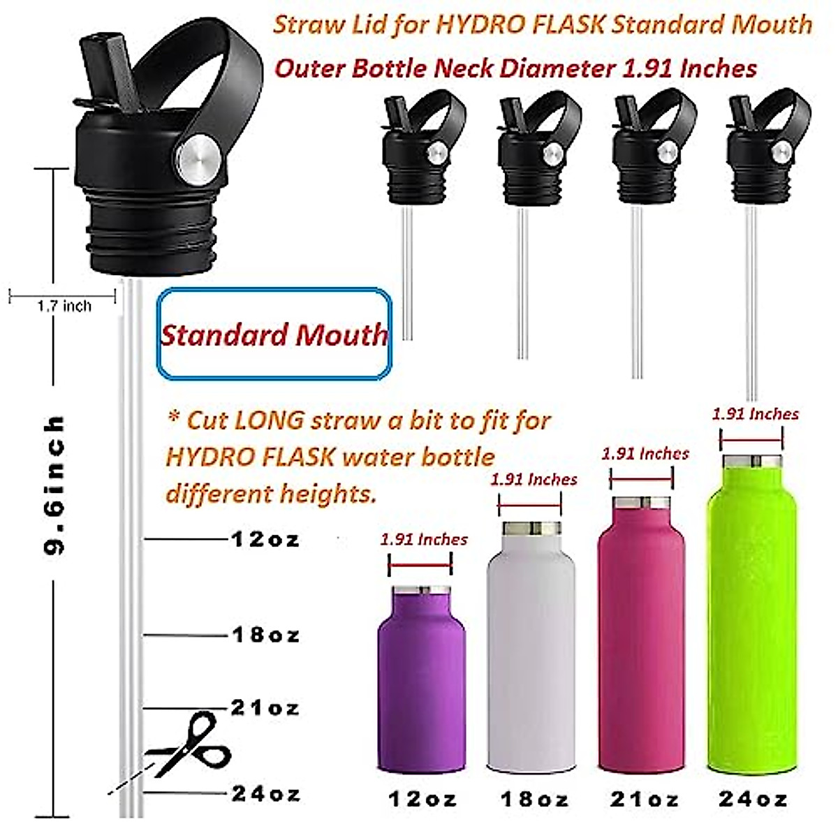Straw Lid for Hydroflask, Lids with Straw for Hydro Flask 18 21 24 oz Standard Mouth, Replacement Sport Cap for HydroFlask Top Lid with Flexible Handle, Sport Water Bottle Cap Accessories, Black